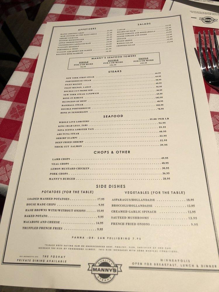 Menu at Manny's Steakhouse, Minneapolis, 825 S Marquette Ave