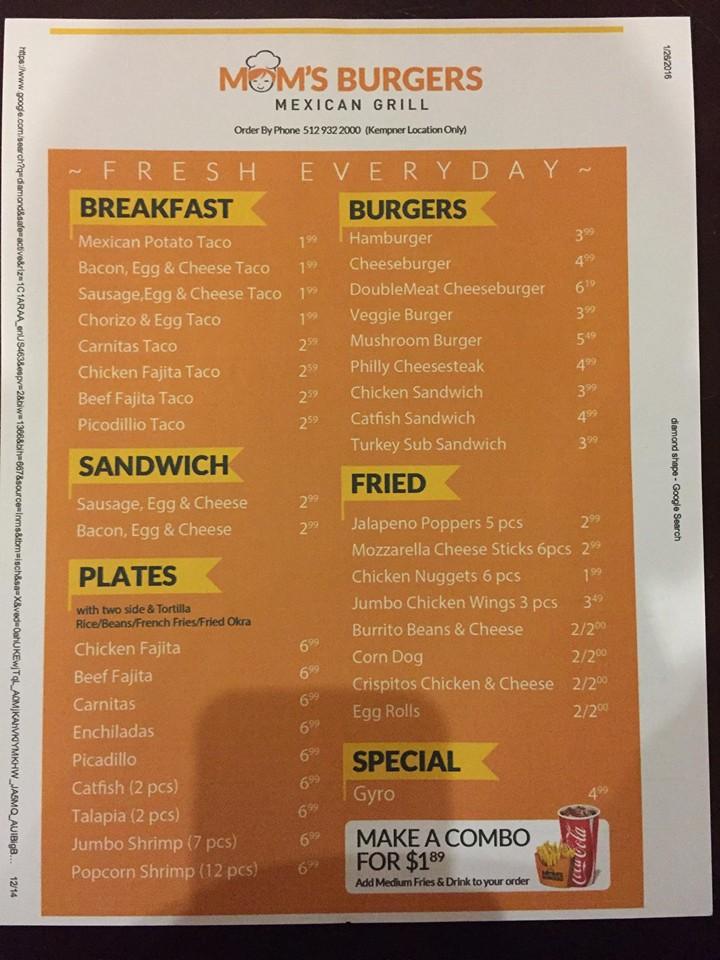 Menu at Mom's Burger & Gyro restaurant, Kempner
