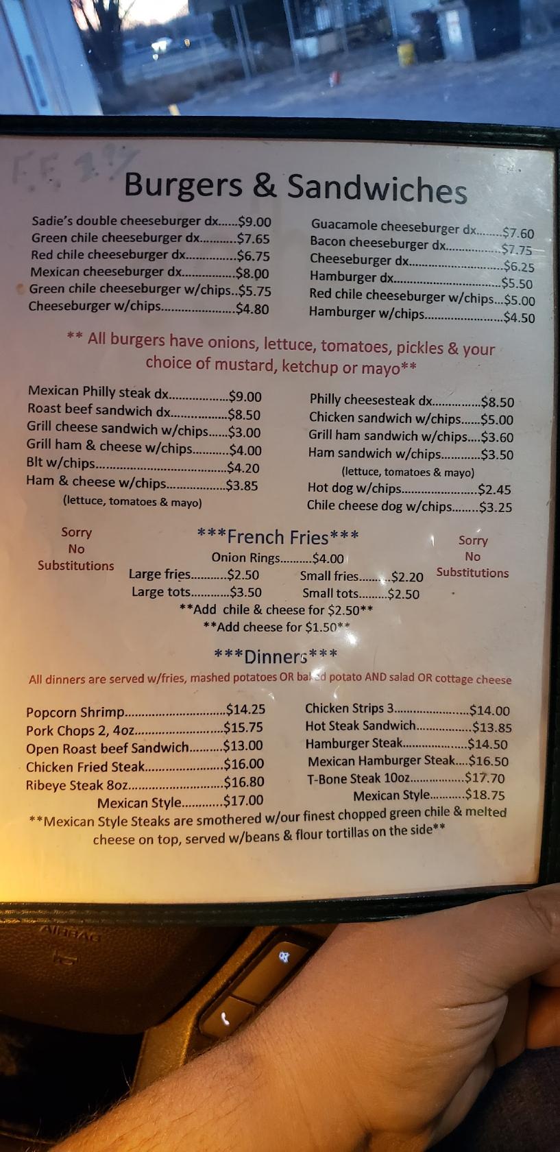 Menu at Sadie's Frontier Restaurant, Fort Sumner