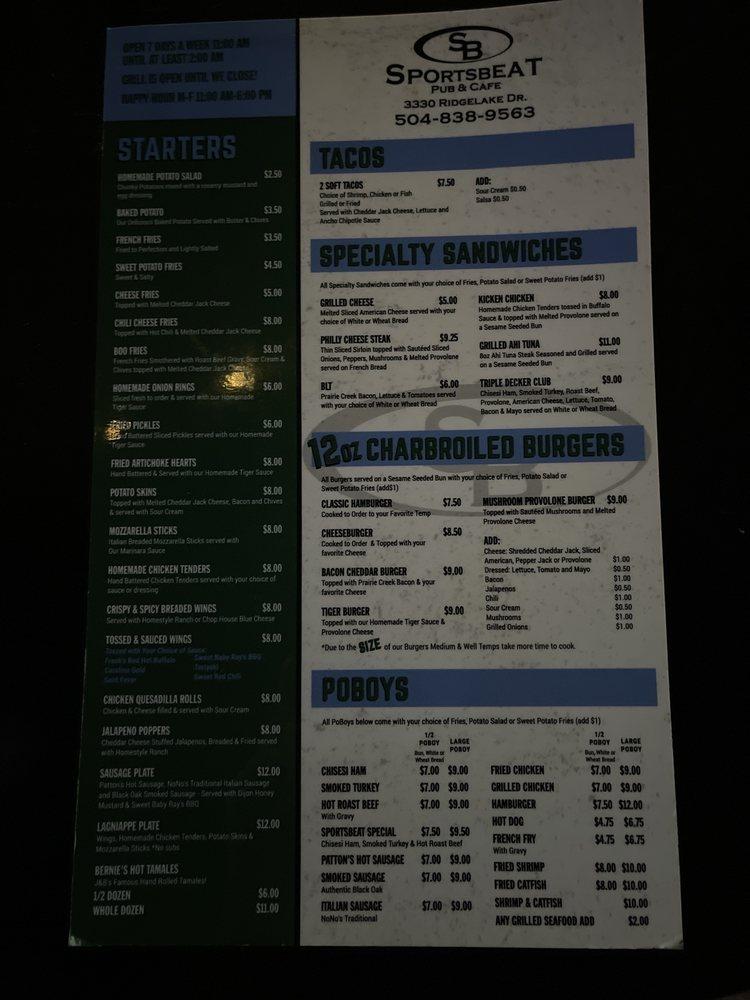 Menu at Sports Beat Pub & Cafe, Metairie
