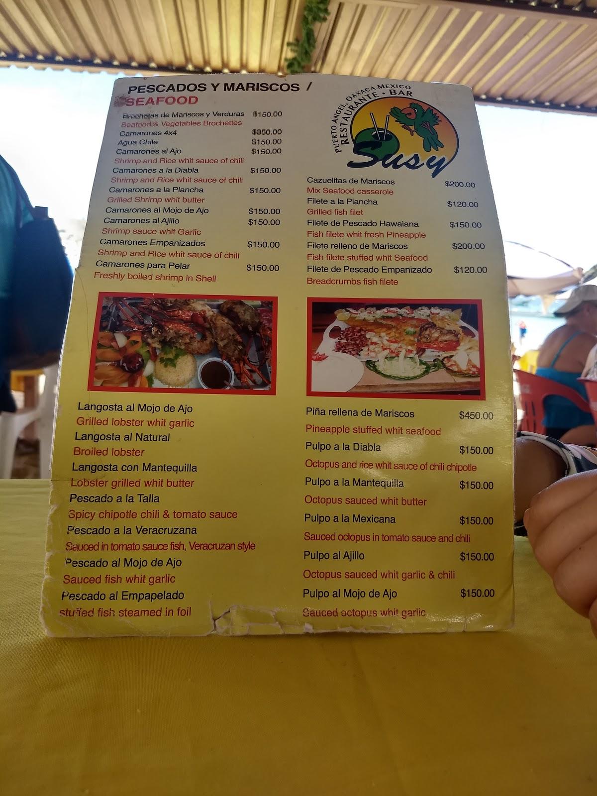 Carta del restaurante Susy, Puerto Ángel