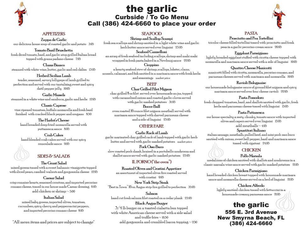 Menu at BLU Bar at the garlic, New Smyrna Beach