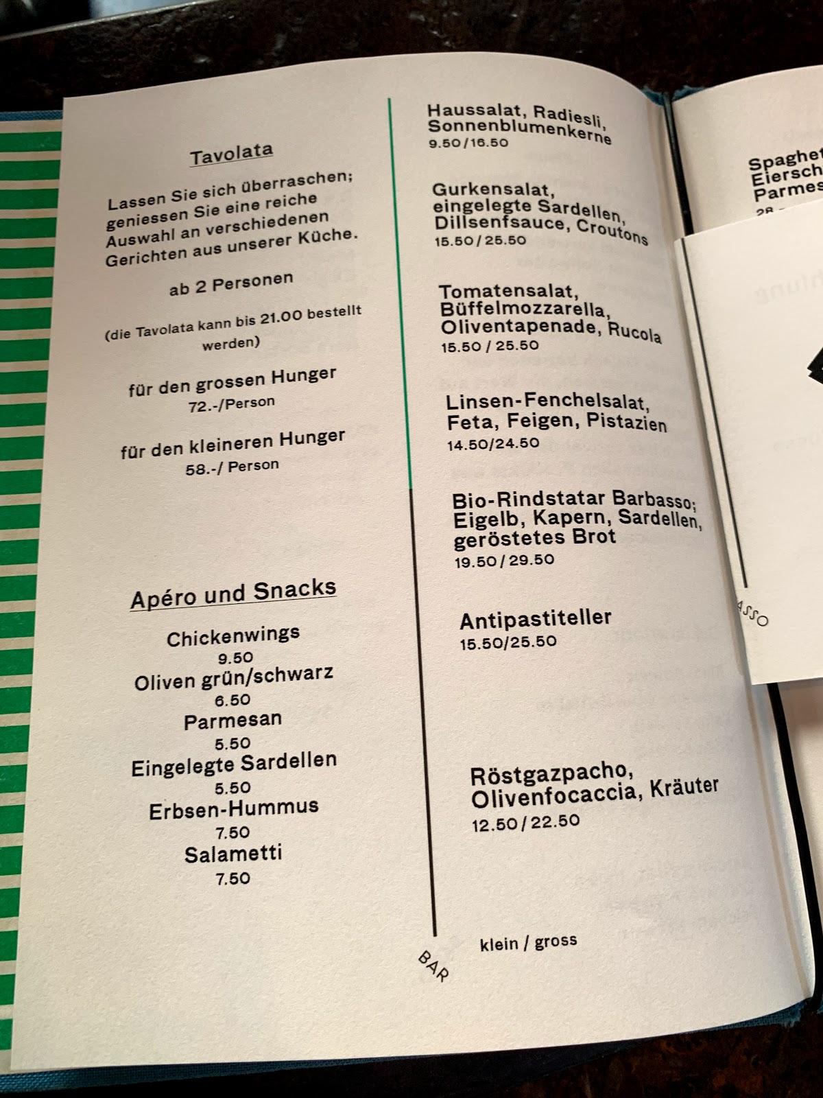 Speisekarte von Bar Basso, Zürich, Sihlstrasse 59