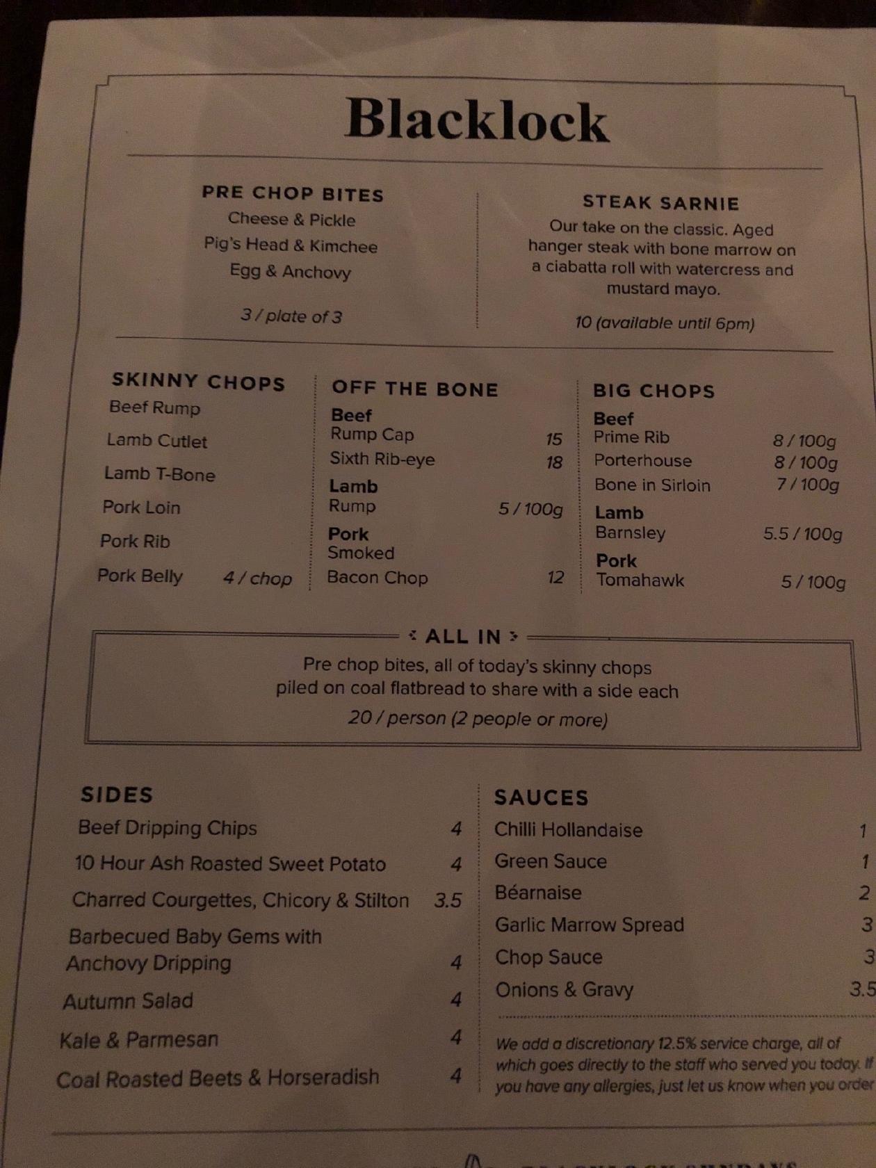 Menu at Blacklock Soho pub & bar, London, 24 Great Windmill St