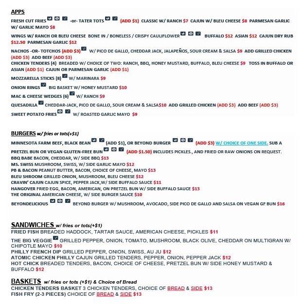 Carta del pub y bar Como Tap, Minneapolis