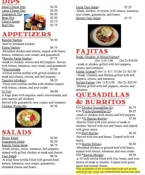 Menu at El Rancho Mexican Restaurant, Eastman