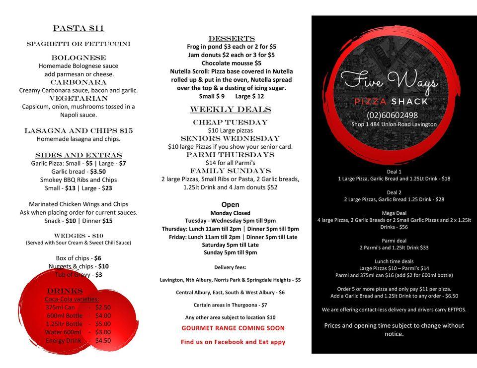 Menu at Five Ways Pizza Shack restaurant, Lavington