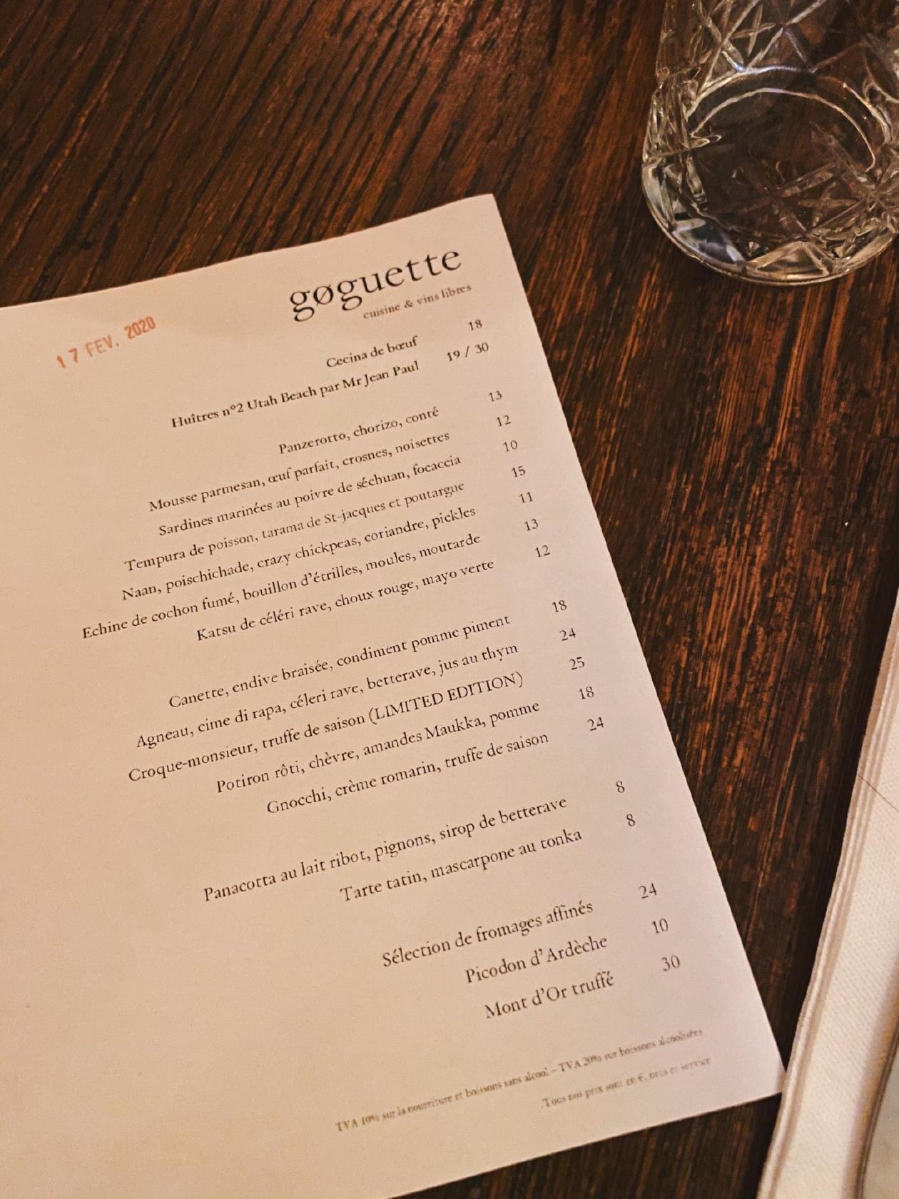 Menu at Goguette pub & bar, Paris, 108 Rue Amelot