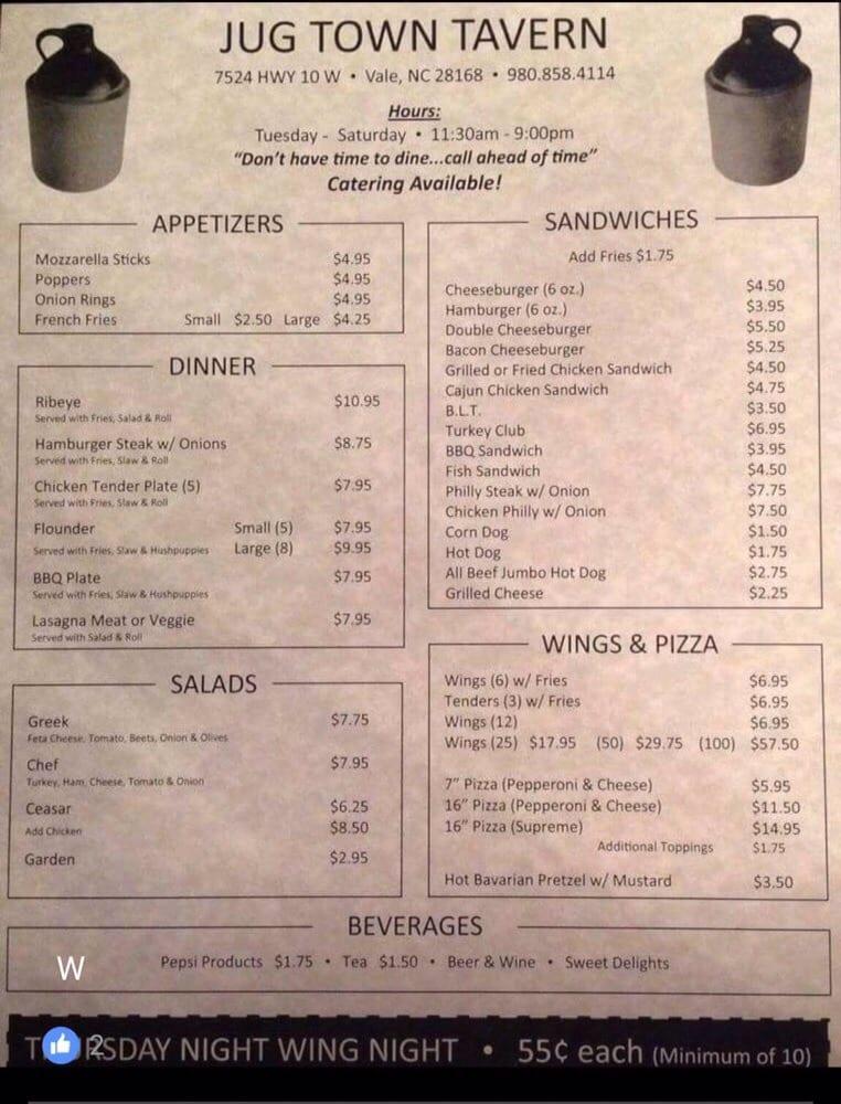 Menu at Jug Town Tavern restaurant, Vale, NC-10 Hwy