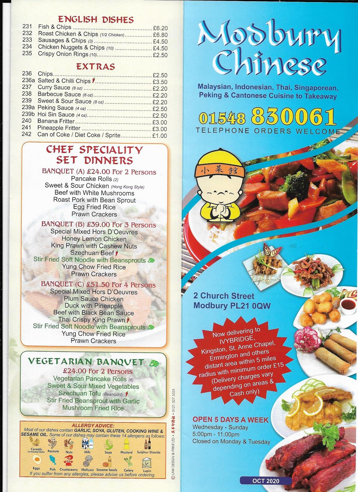 Menu at Modbury Chinese Takeaway fast food, Ivybridge
