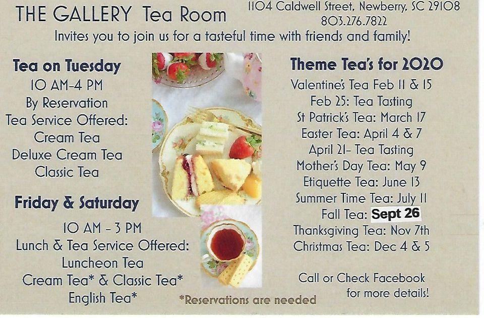 Menu at The Gallery Tea Room restaurant, Newberry