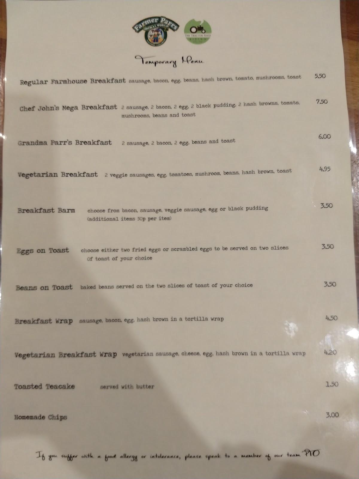Menu at The Tractor Shed Bistro restaurant, Fleetwood