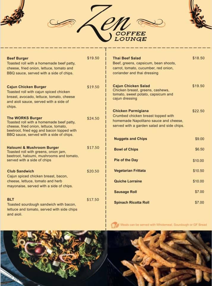 Menu at Zen Coffee Lounge restaurant, Busselton