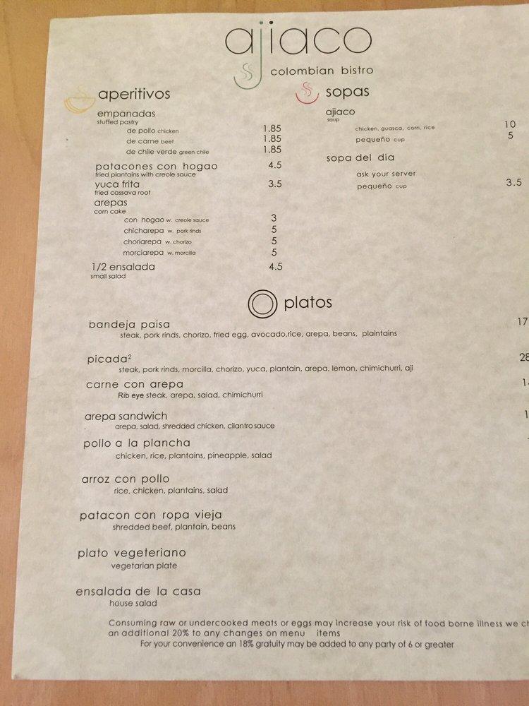 Menu at Ajiaco Colombian Bistro restaurant, Albuquerque