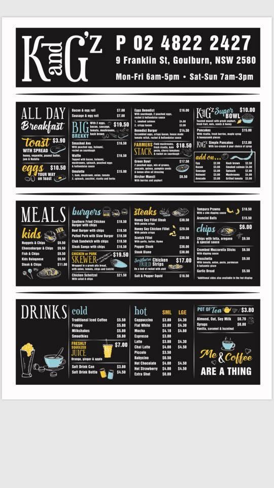 Menu at K And G’z cafe, Goulburn