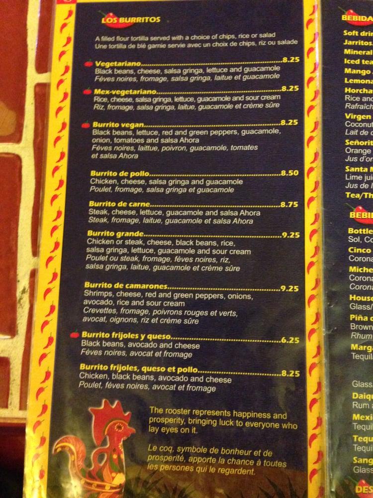 Menu at Ahora Mexican Restaurant, Ottawa
