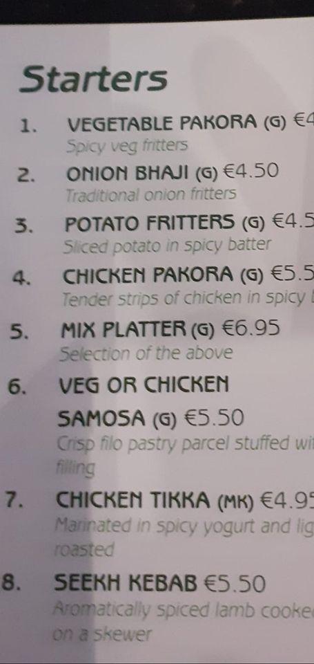 Menu at Bombay Palace restaurant, Castlerea