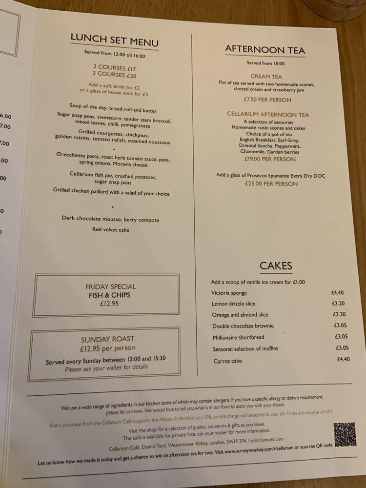 Carta de Cellarium Cafe & Terrace, Londres