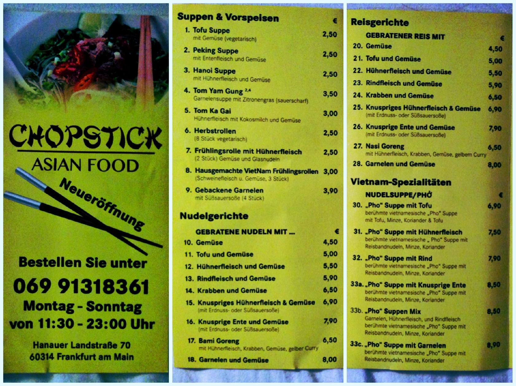 Menu at Chopstick Asian Food restaurant, Frankfurt