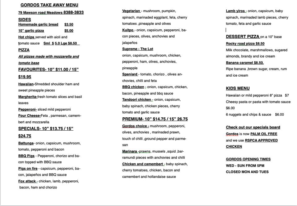 Menu at Gordo's Cafe & Pizzeria, Meadows