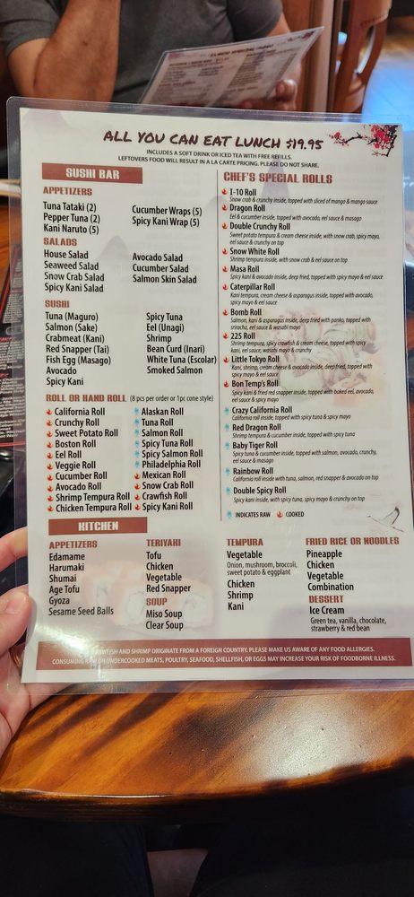 Menu at Sushi Masa restaurant, Spring