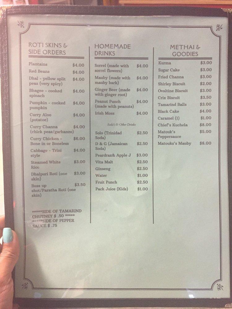 Menu at Tara's Roti Shop restaurant, Tampa