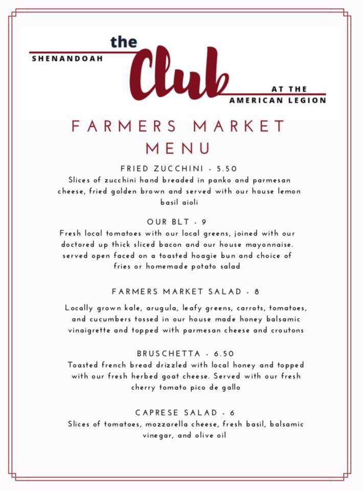 Menu at The Club at the American Legion, Shenandoah
