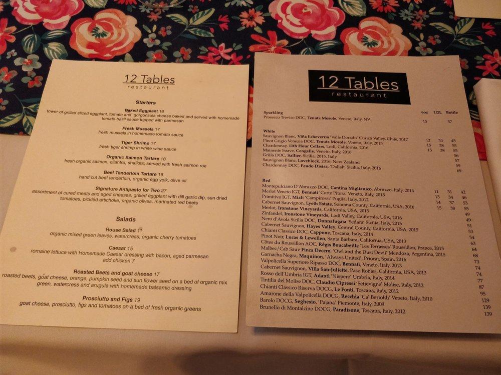 Menu at 12 Tables restaurant, Toronto