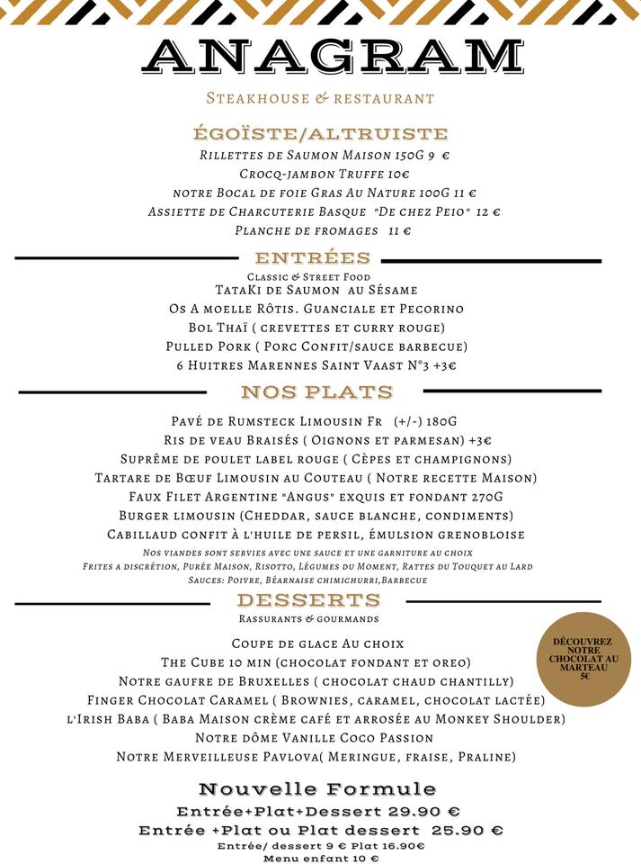 Menu au Anagram restaurant, Arras, 23 Grand Place