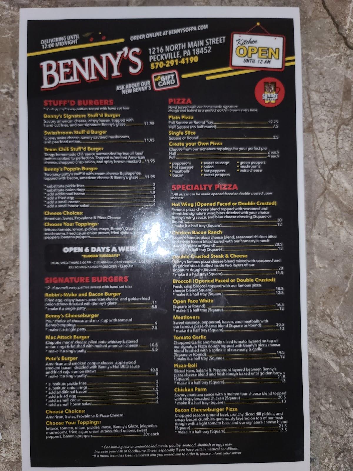 Carta de Benny’s Sports Bar and Restaurant, Blakely