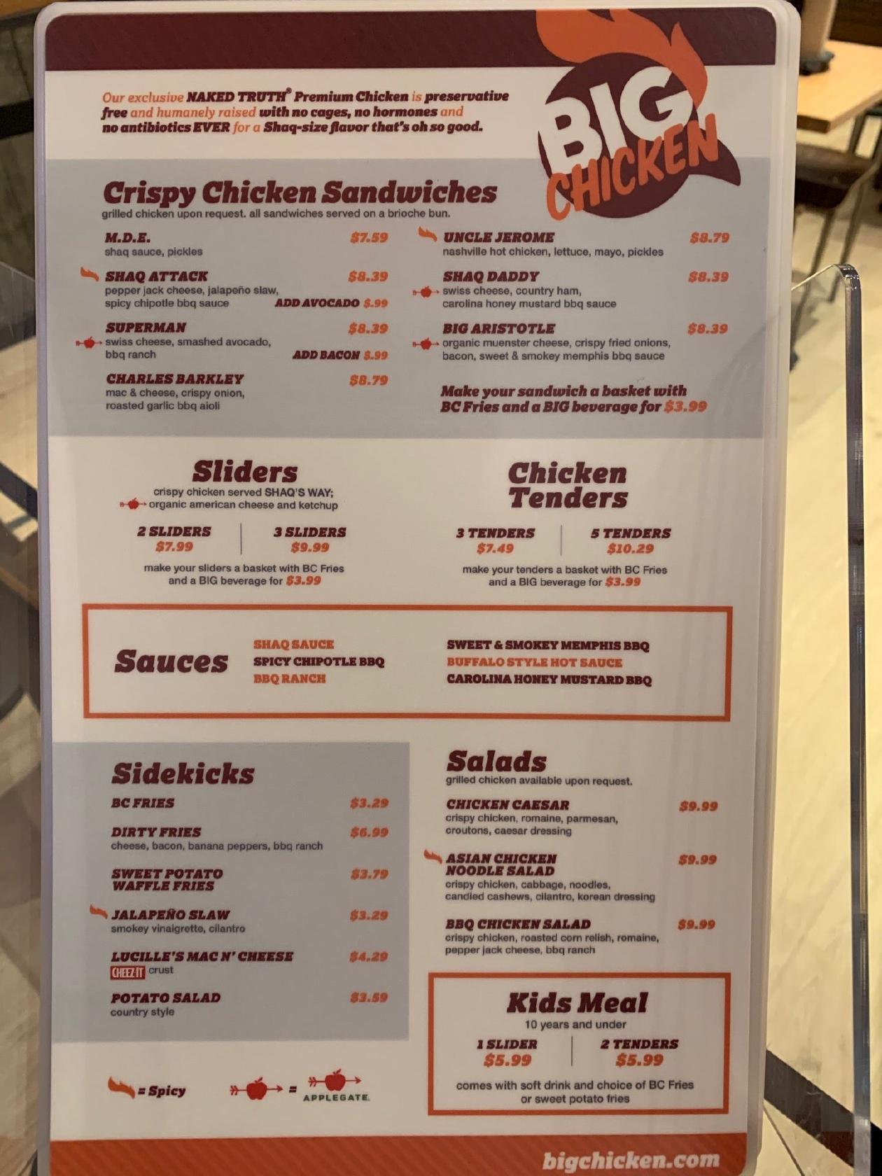 Menu at Big Chicken restaurant, Glendale