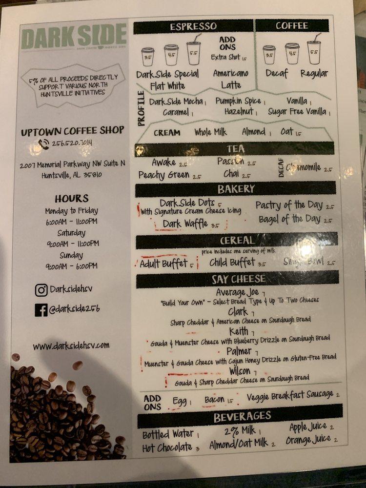 Menu at Dark.Side Coffee, Huntsville