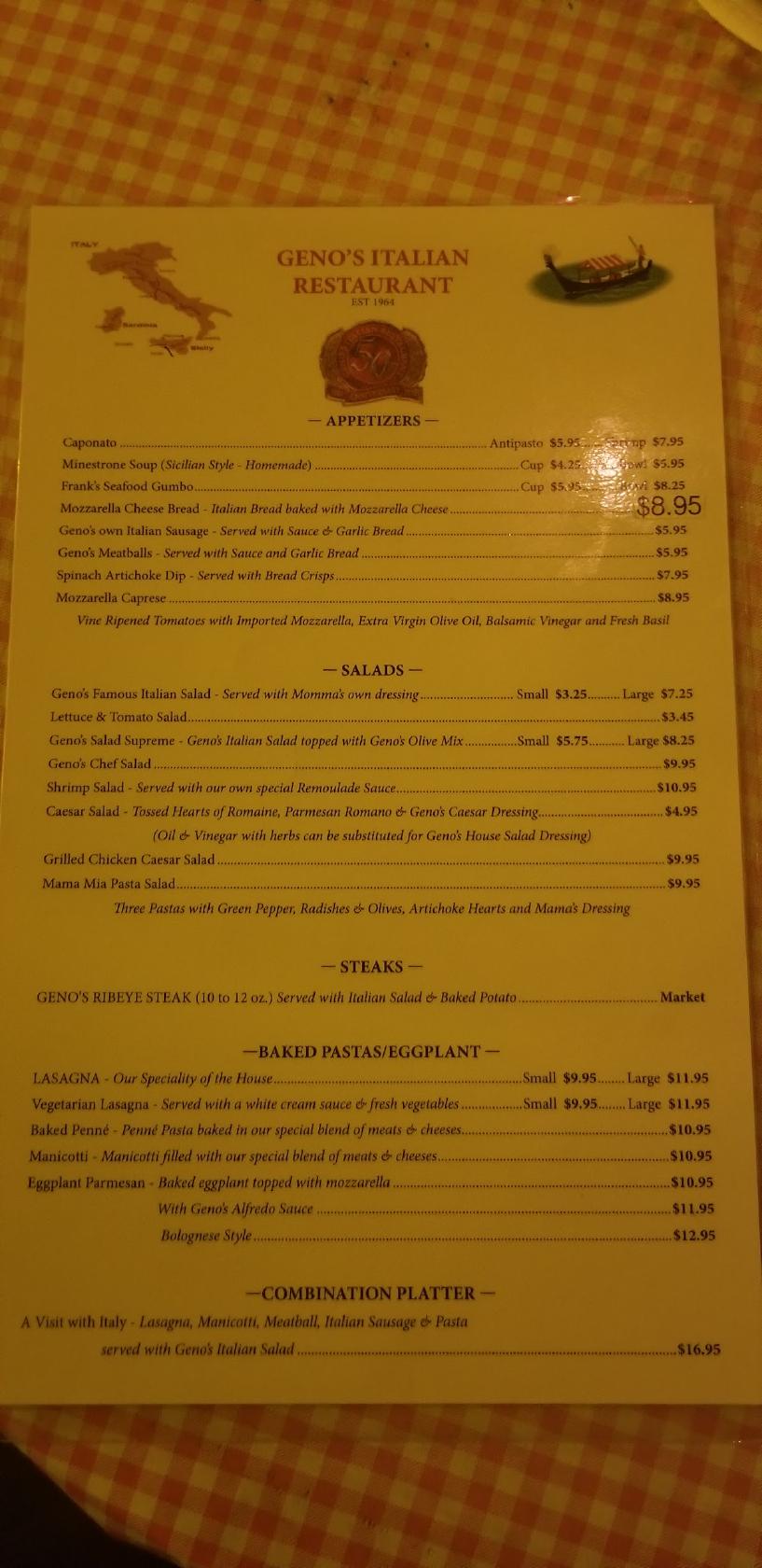 Menu at Geno's Italian Restaurant, Monroe, 705 N 8th St