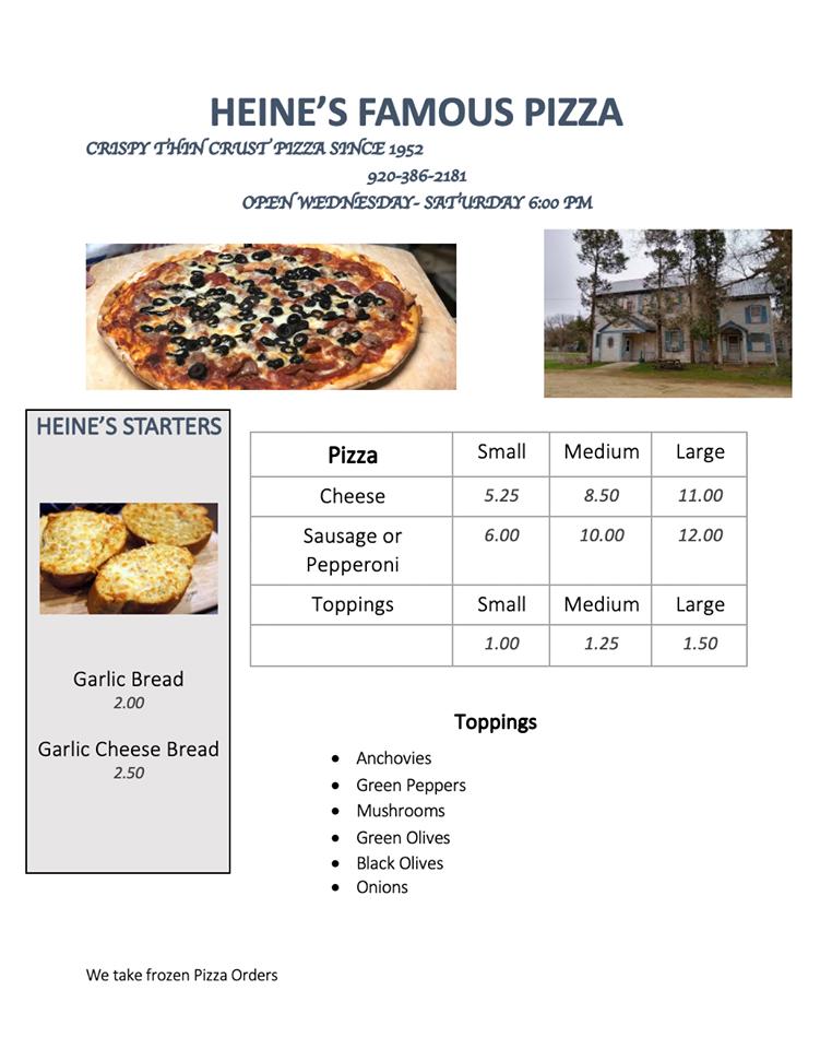 Menu at Heine's Famous Pizza LLC pizzeria, Horicon