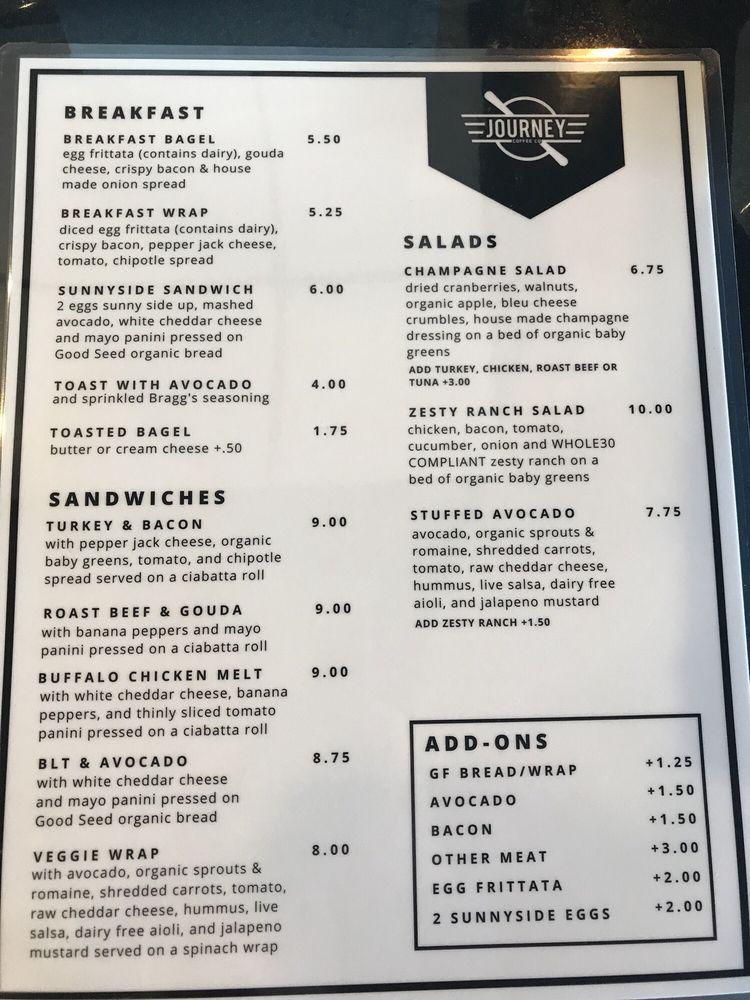 Menu at Journey Coffee Co. pub & bar, Vacaville