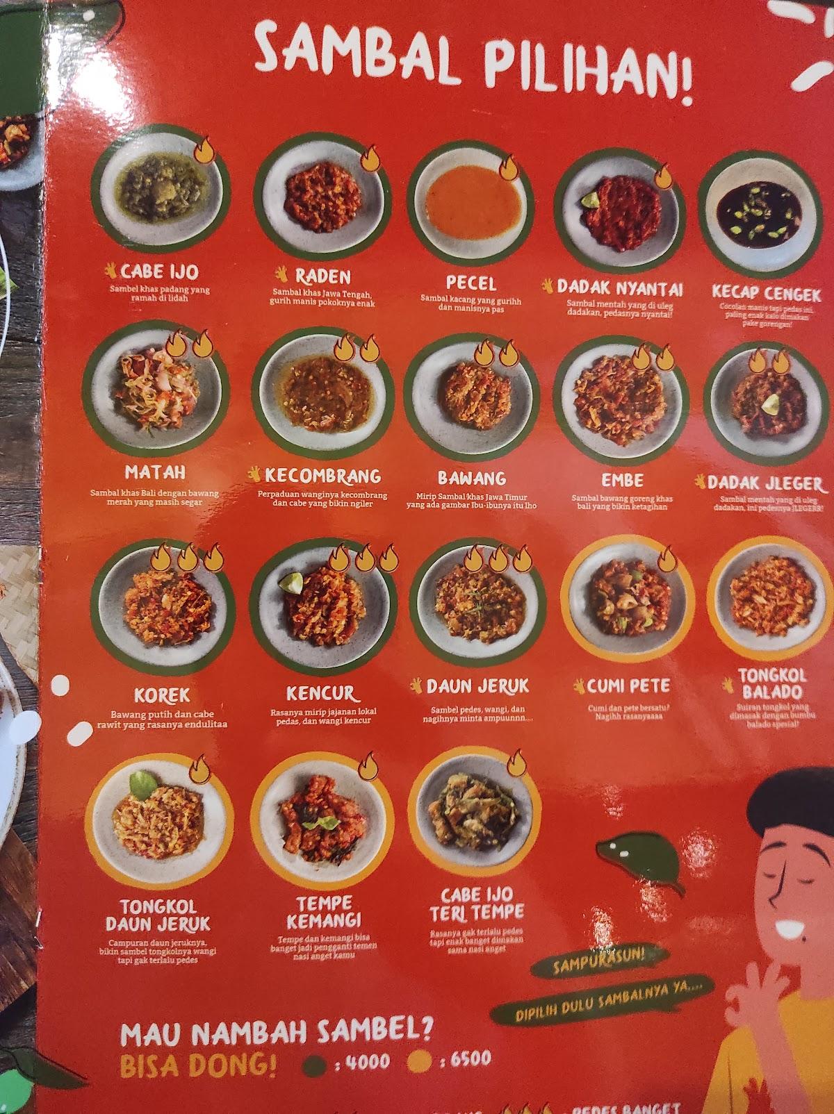 Menu at Juru Sambal restaurant, Bandung