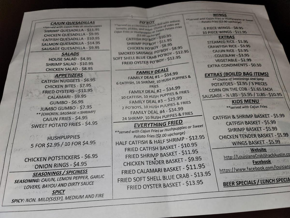 Menu at Louisiana Crab Shack Cajun Grill & Oysters pub & bar, Round Rock
