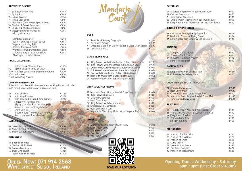 Menu at Mandarin Court Chinese Restaurant, Sligo