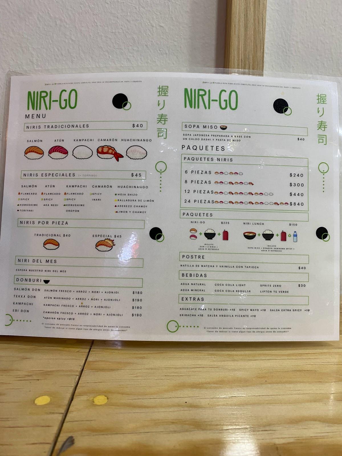 Menu at Niri-Go restaurant, Naucalpan