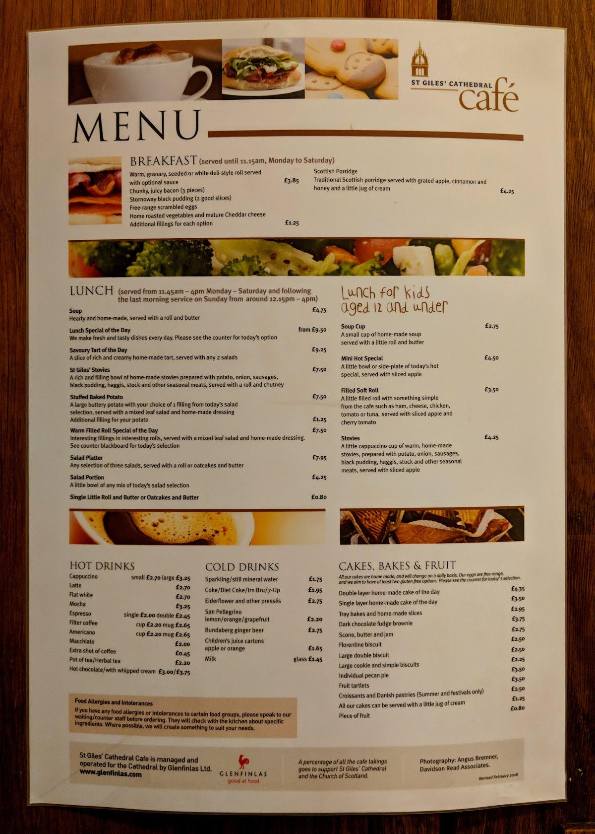 Menu at Saint Giles' Cathedral Cafe, Edinburgh