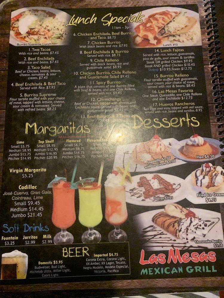 Menu at Las Mesas Mexican Grill restaurant, Calera