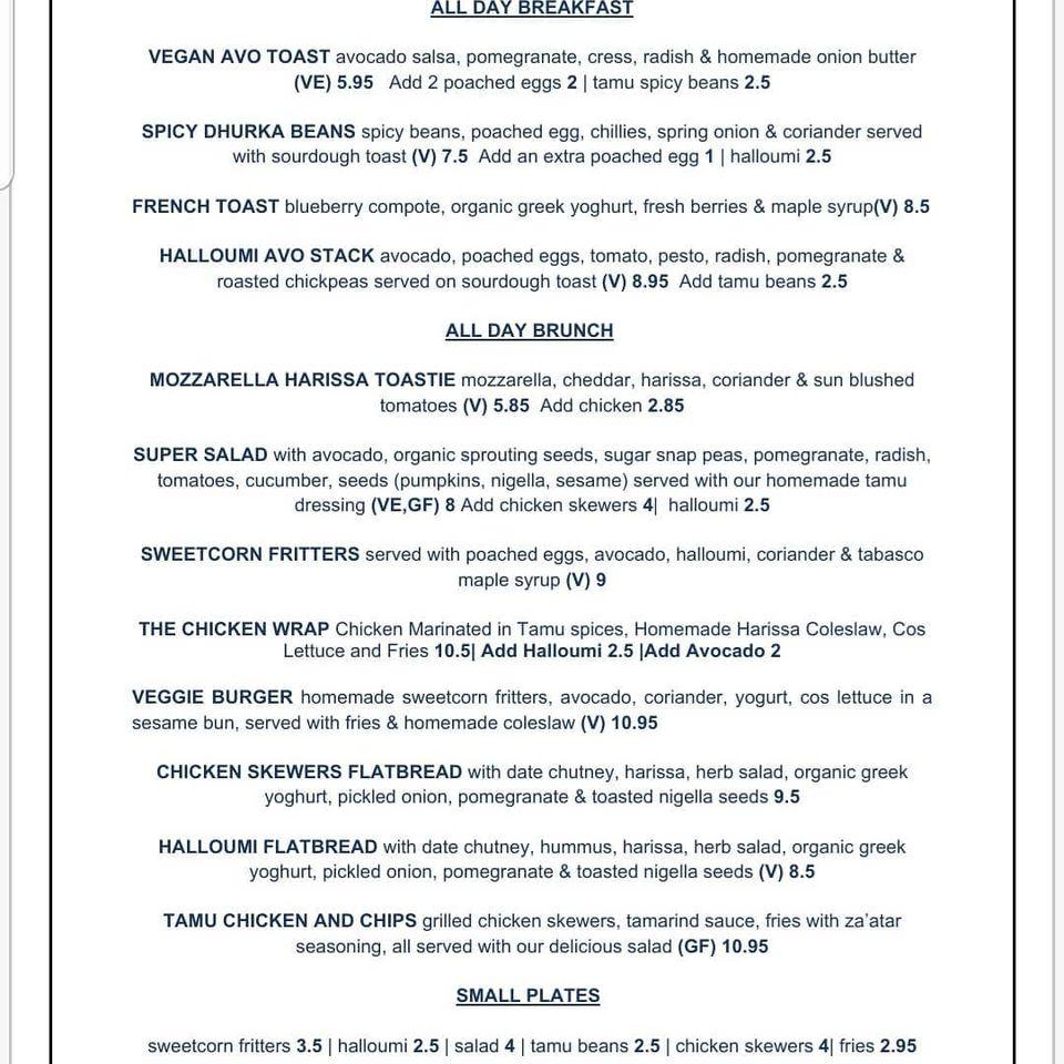Menu at Tamu Cafe, Birmingham
