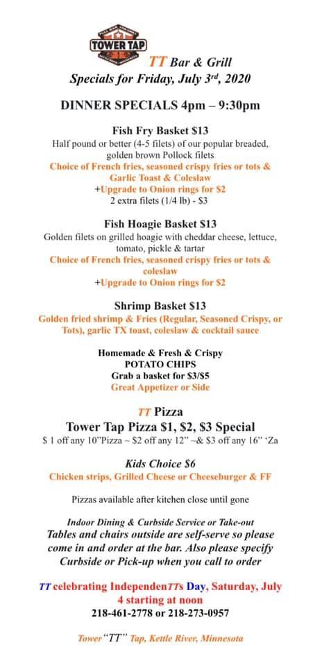 Menu at "TT" Tower Tap Full Bar & Restaurant, Kettle River
