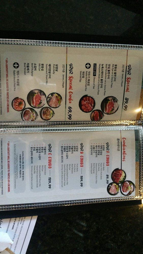 Menu at 9292 Korean BBQ, Duluth