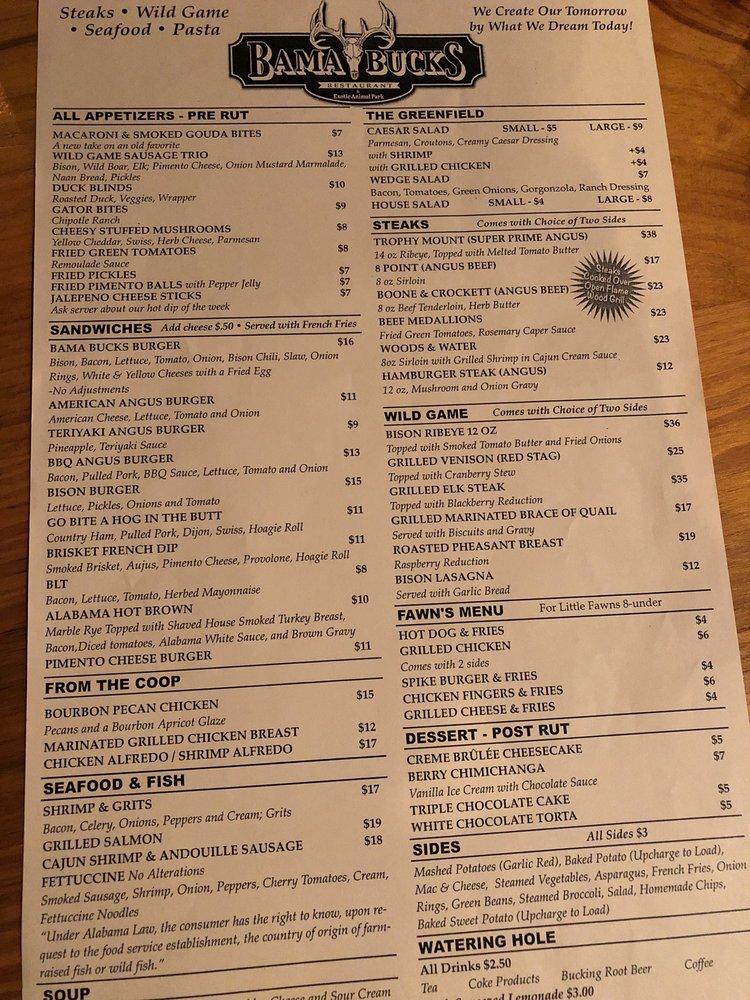 Menu at Bama Bucks steakhouse, Sardis City