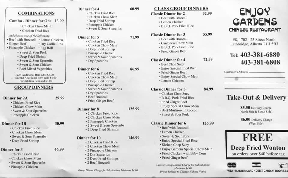 Menu at Enjoy Gardens Chinese Restaurant, Lethbridge