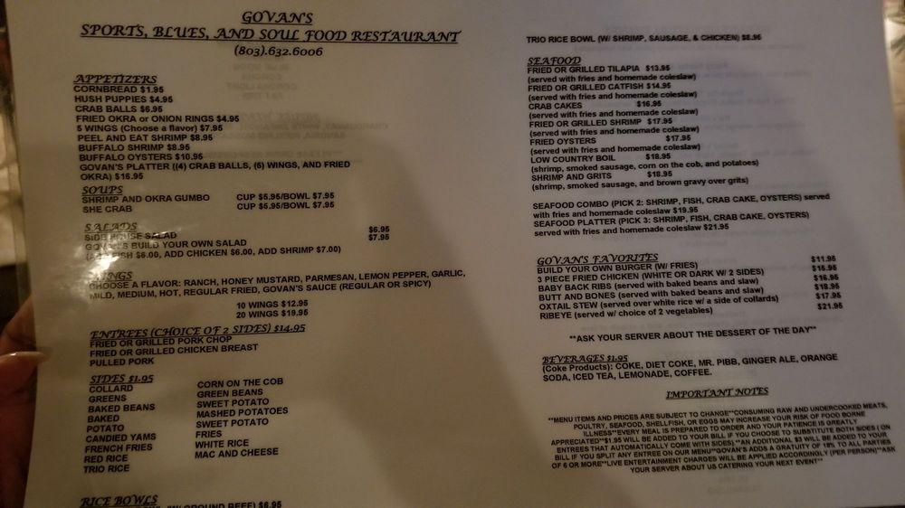 Menu at Govan's Sports Blues and Soulfood Restaurant, Fairfax