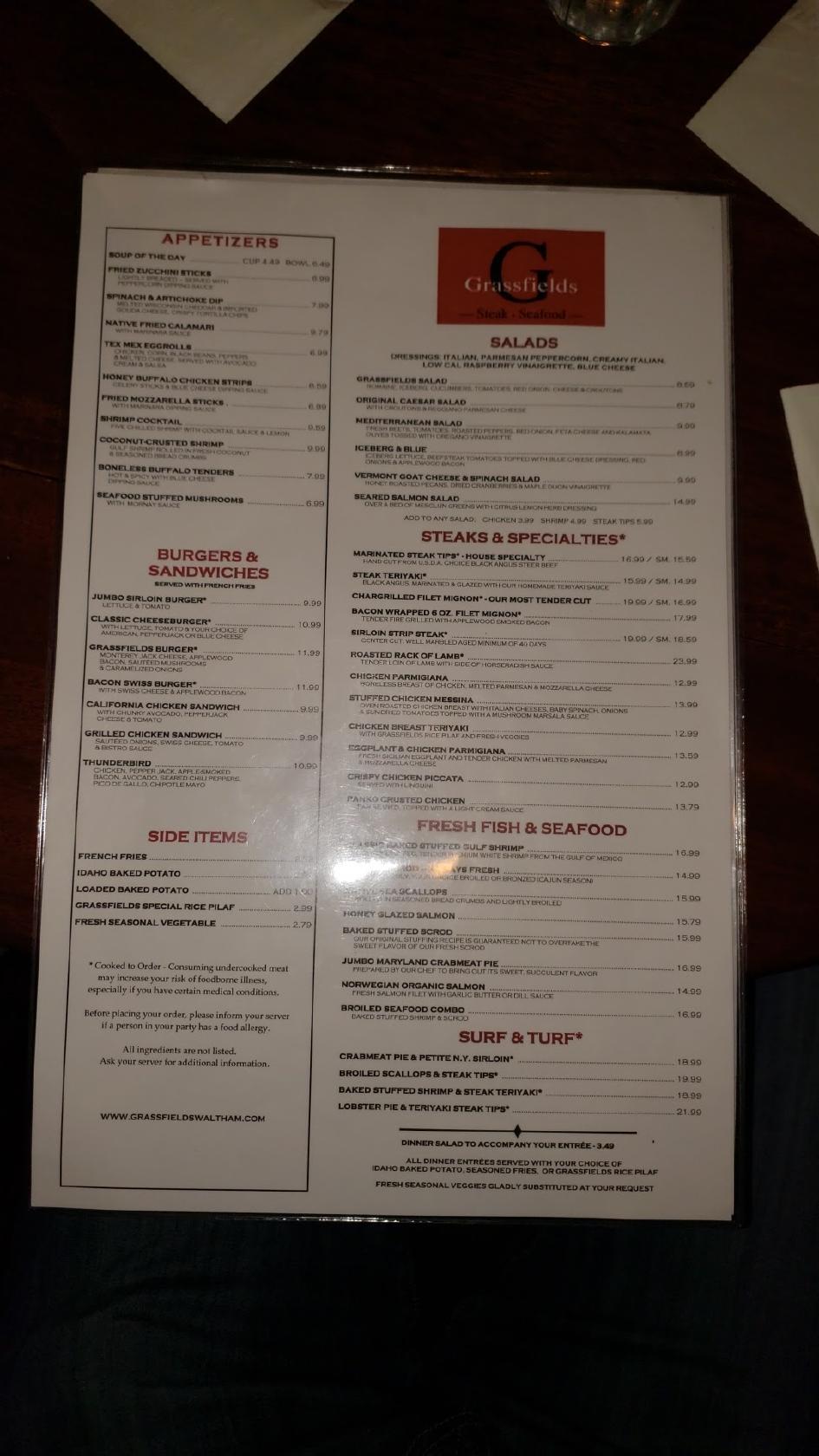 Menu at Grassfields steakhouse, Waltham