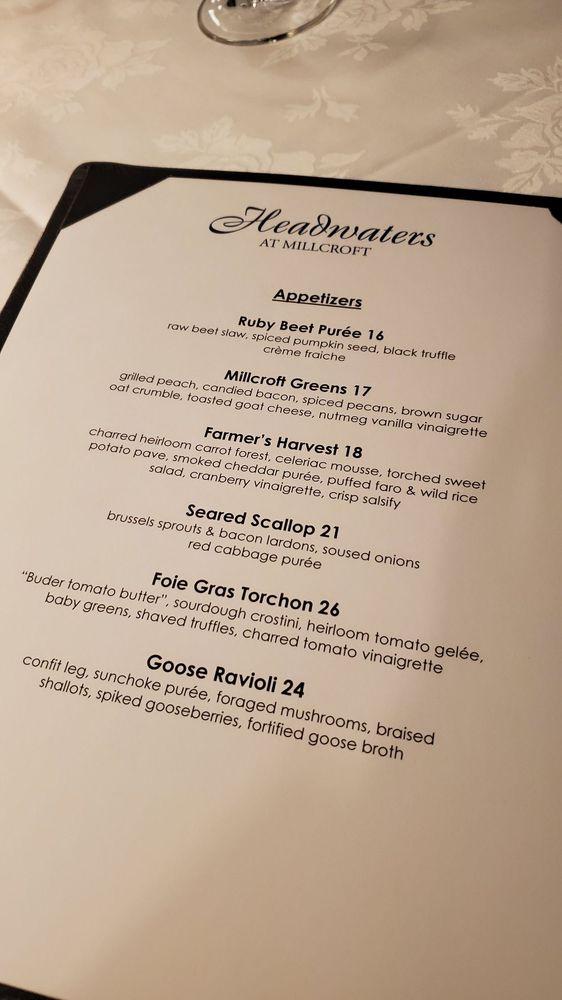 Menu at Headwaters Restaurant at Millcroft Inn & Spa, Caledon