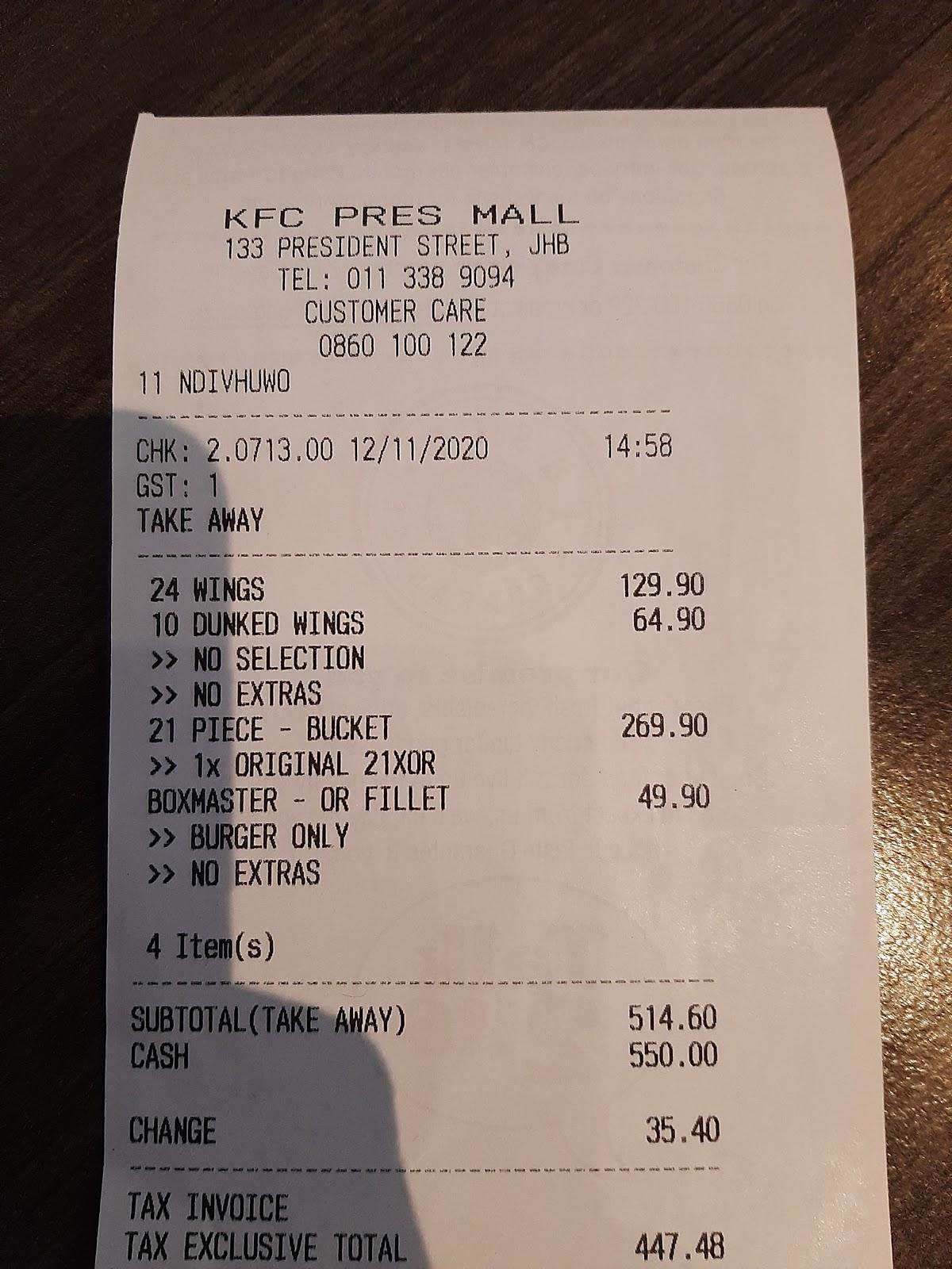 Menu at KFC Pres Mall restaurant, Johannesburg
